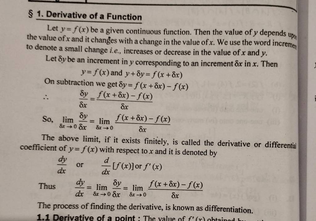§ 1. Derivative of a Function Let y= f(x) be a given continuous function...