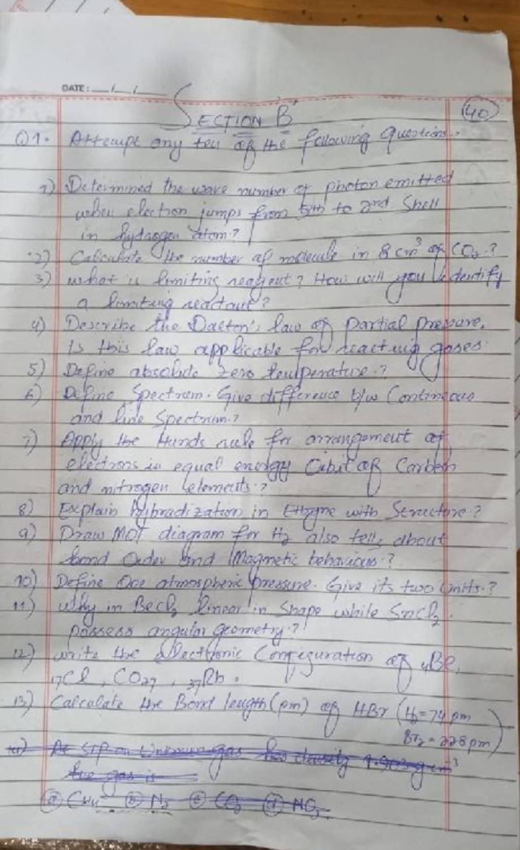 DATE: SECTION B of the following question. Attempt any ten of the 1) Dete..