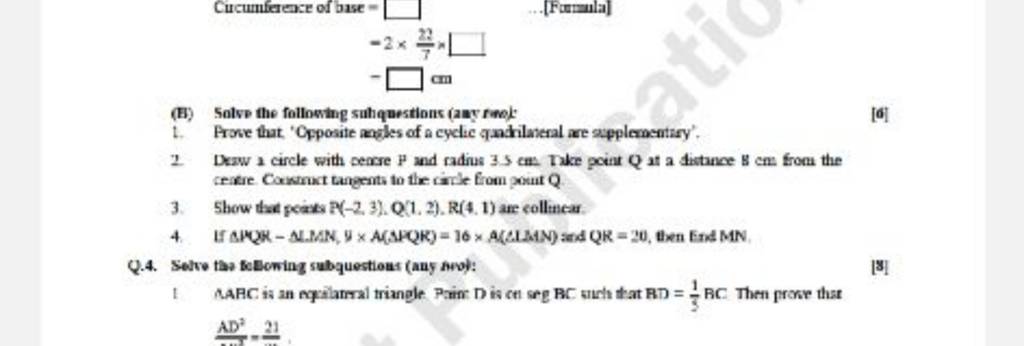 Cucumference of base- [Formula] -2x 꼭 cm (B) Solve the following subquest..