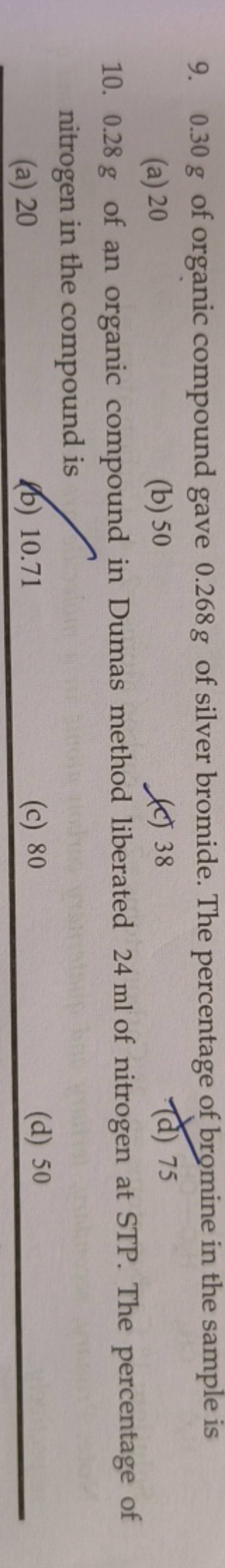 0.30 g of organic compound gave 0.268 g of silver bromide. The percentage..