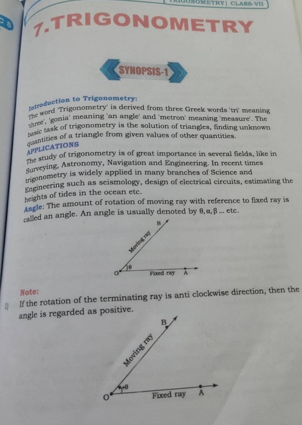 CS OMETRY CLASS-VII 1.TRIGONOMETRY SYNOPSIS-1 Introduction to Trigonometr..