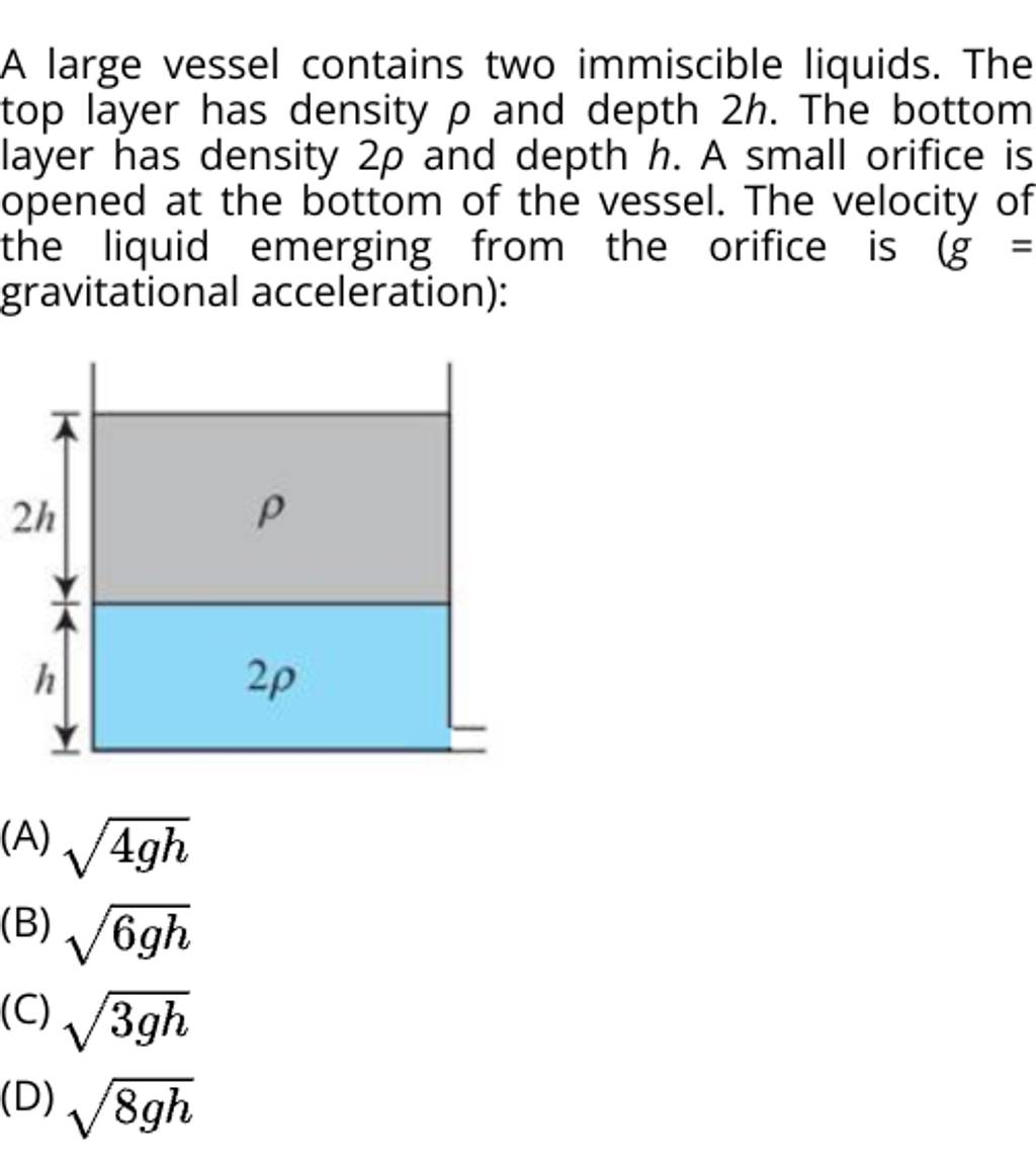 A large vessel contains two immiscible liquids. The top layer has density..
