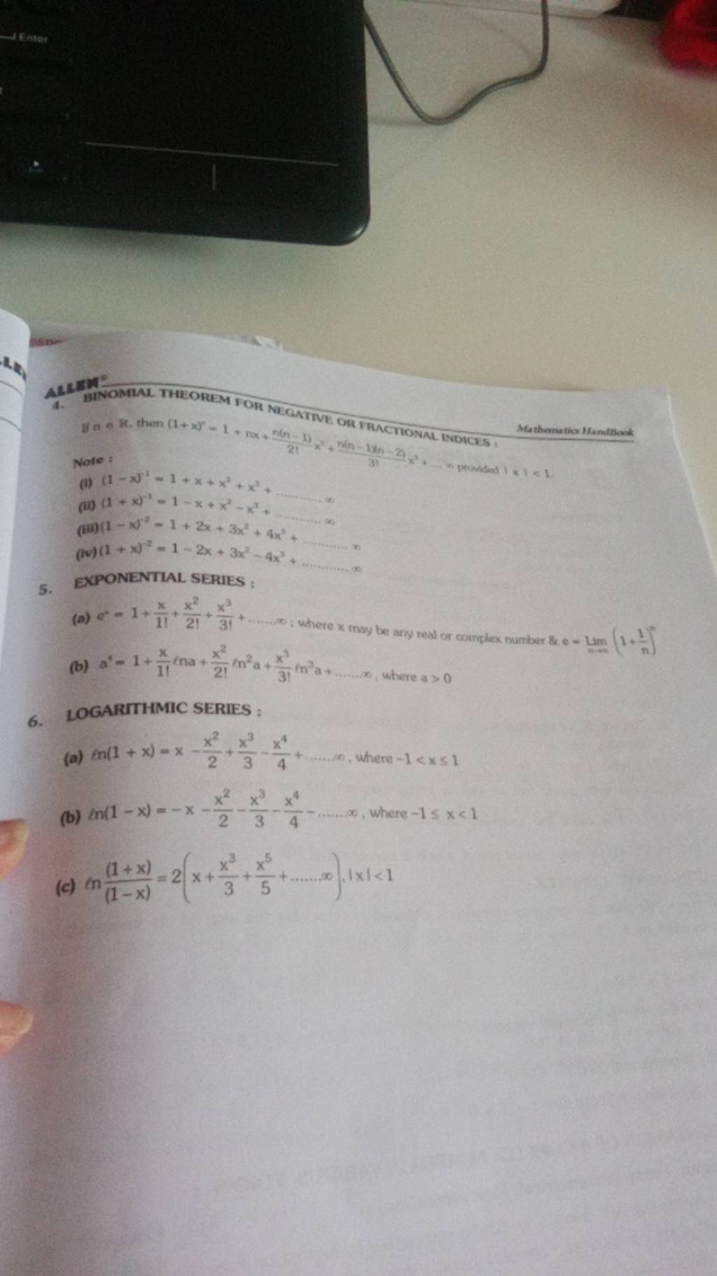 Enter ALLEN BINOMIAL THEOREM FOR NEGATIVE OR FRACTIONAL INDICES Ine R. th..