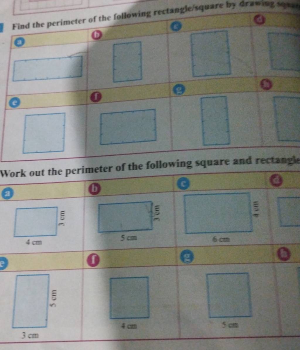 3 cm 0 Find the perimeter of the following rectangle/square by drawing sq..