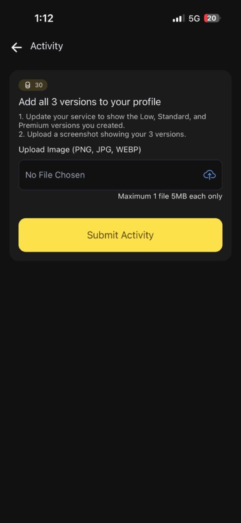 1:12 5G 20 ← Activity 9 30 Add all 3 versions to your profile Update your..