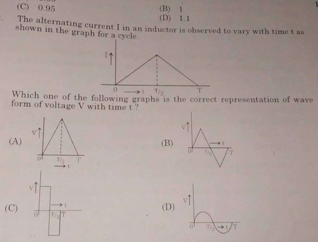 (C) 0.95 (B) 1 (D) 1.1 The alternating current I in an inductor is observ..