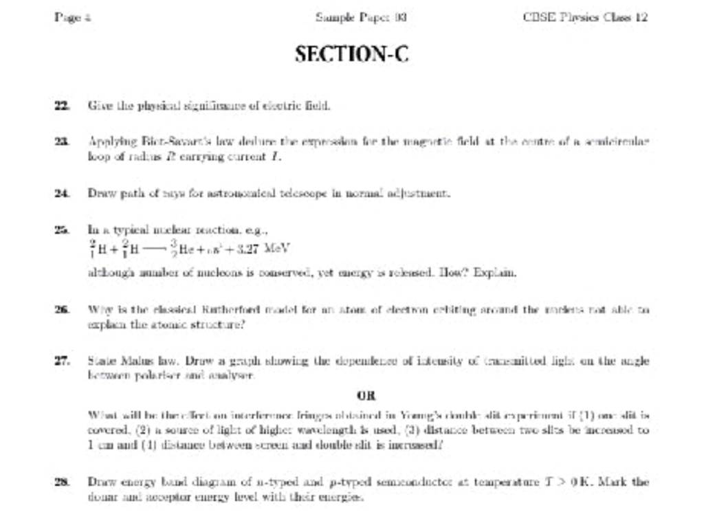 Page Sample Pape: 013 COSE Psics Clases 12 SECTION-C 22 23 26 Give the ph..