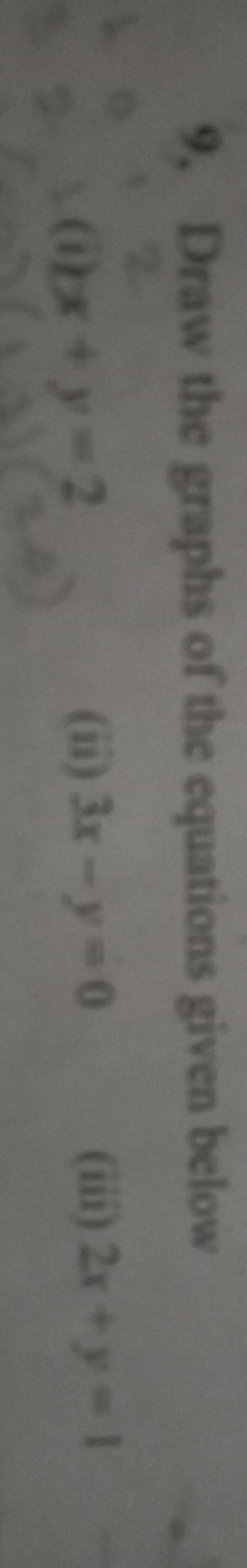 Draw the graphs of the equations given below \(ibx+y=2 (ii) 3x-y=0 (iii)