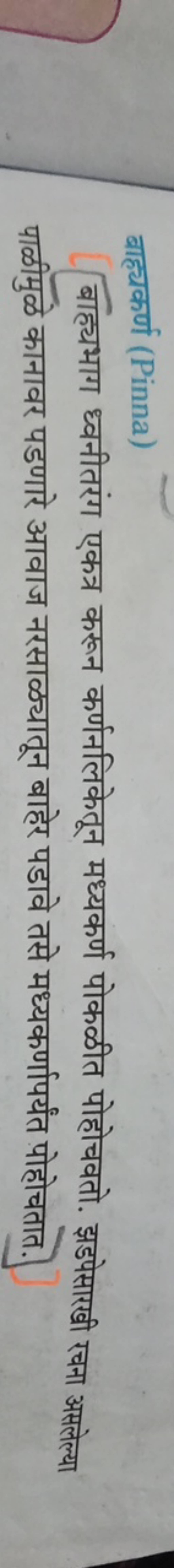 बाह्यकर्ण (Pinna) बाह्यभाग ध्वनीतरंग एकत्र करून कर्णनलिकेतून मध्यकर्ण पोक..