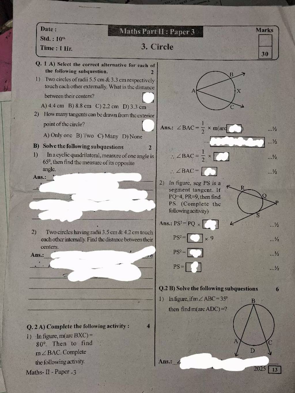 Date: Std.: 10% Time: I Hir. Maths Part II: Paper 3 Circle Q. 1 A) Select..