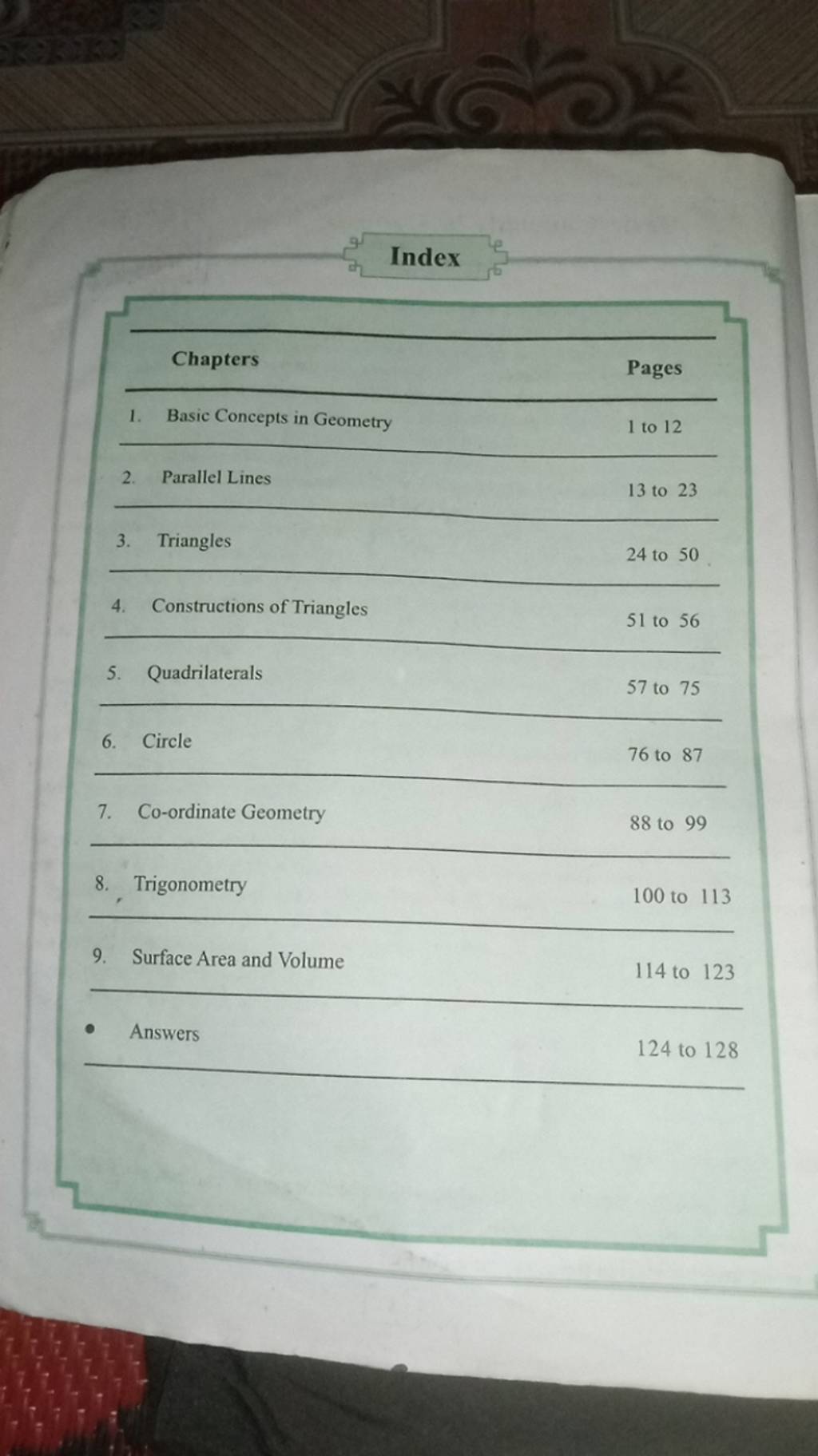 Chapters Index Pages Basic Concepts in Geometry 1 to 12 Parallel Lines 13..