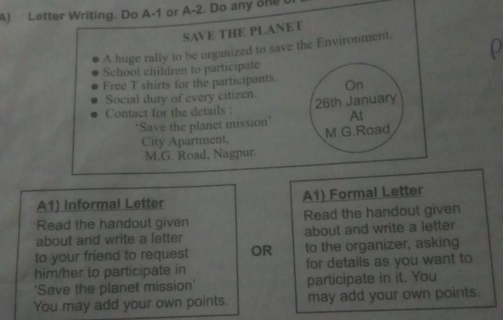 A) Letter Writing. Do A-1 or A-2. Do any SAVE THE PLANET A huge rally to