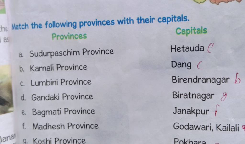 Che Match the following provinces with their capitals. Provinces as a. Su..