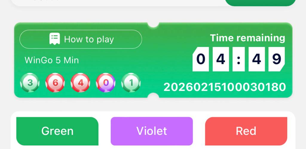 How to play WinGo 5 Min Time remaining 04:49 20260215100030180 Green Viol..