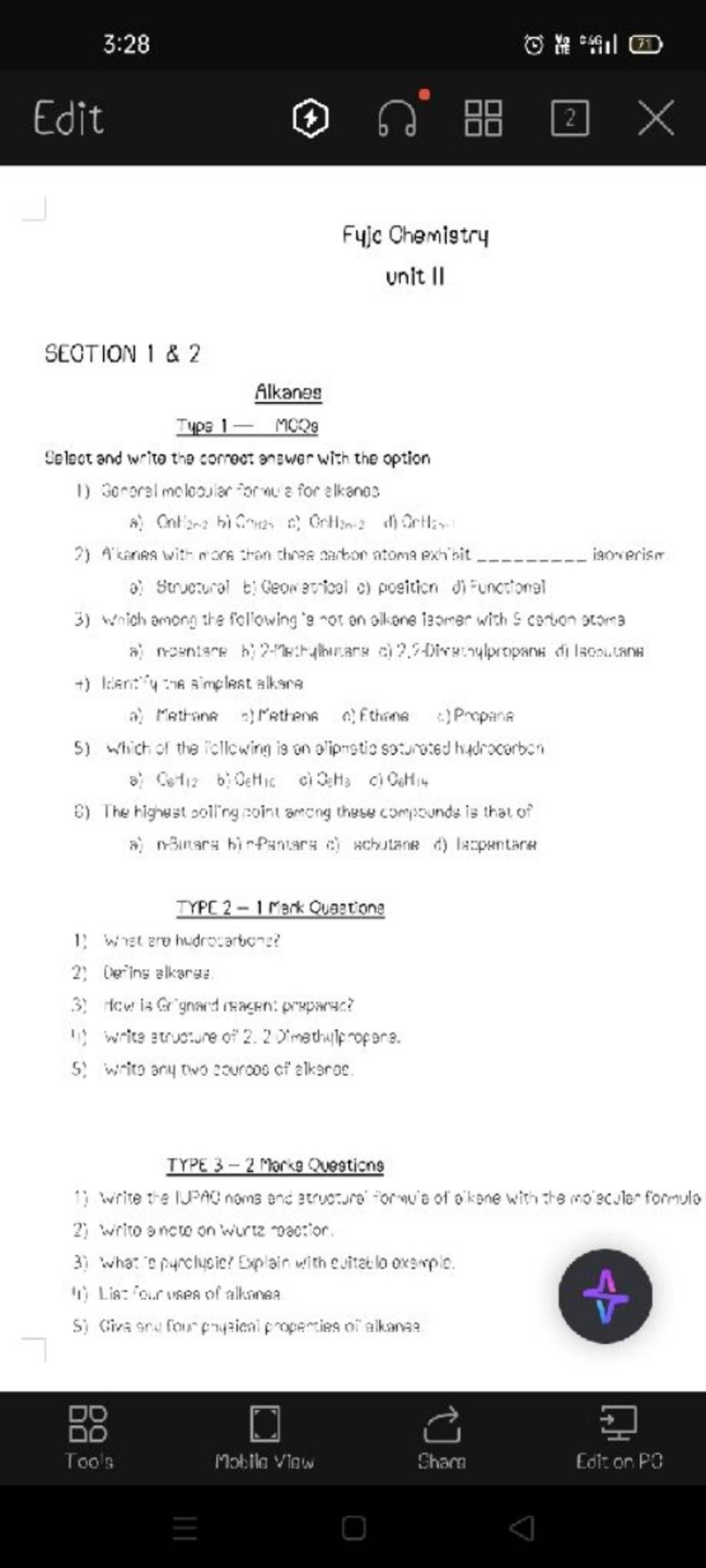 Edit 3:28 SECTION 1 & 2 Alkanes Type 1 MOQ9 Fyjc Chemistry unit II 2 Х Se..