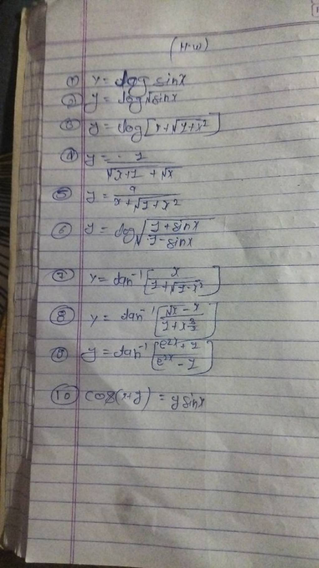 Y (HW) ♡y dagsint Agg sinx My Joy Nginx y= log [√] @y= VX+1 + NX y = x