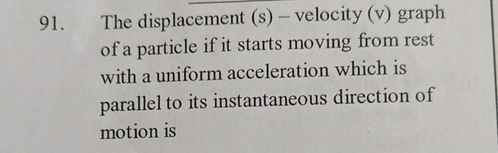 The displacement (s) - velocity (v) graph of a particle if it starts movi..